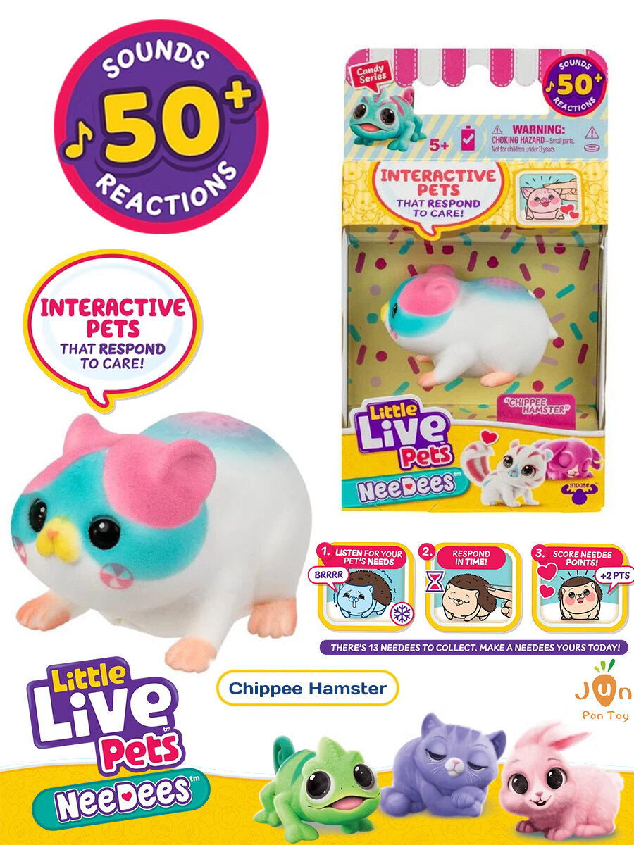 Интерактивная игрушка Moose Little Live Pets NeeDees Chippee Hamster Toy / Детские интерактивные электронные плюшевые питомцы с более чем 50 видами звуков и реакций, подходящие для детей старше 5 лет