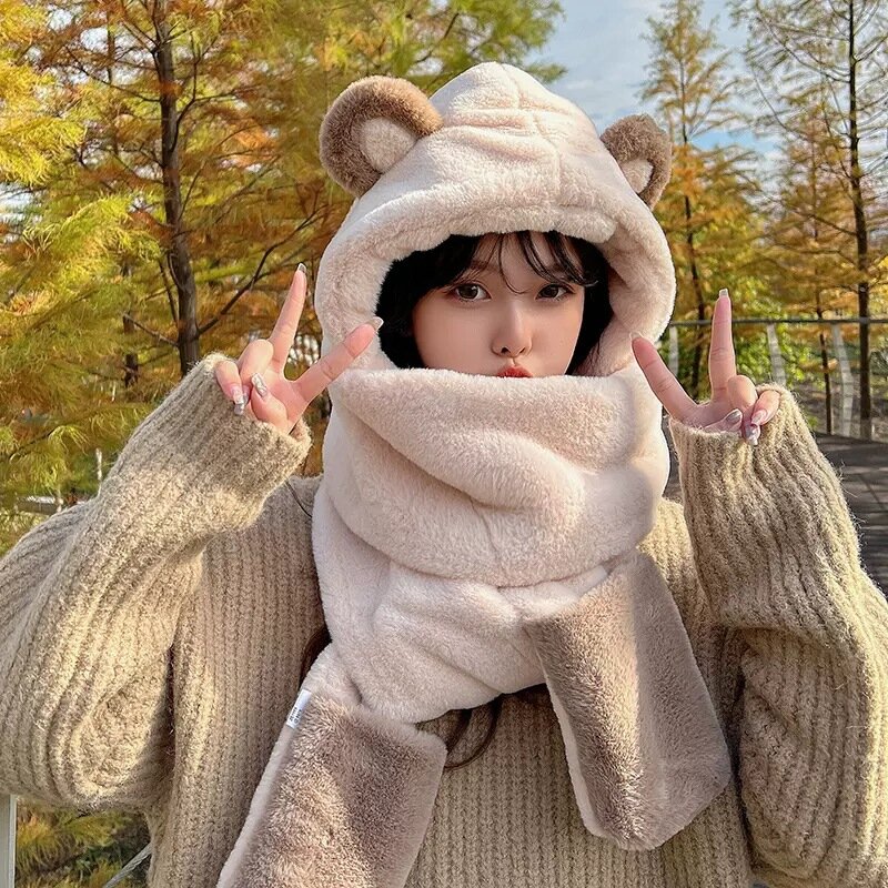 Бархатная шапка с кроликом, женская новинка 2024 года, зима, теплый велосипедный шарф с милым медведем, универсальный бархатный шарф плюс