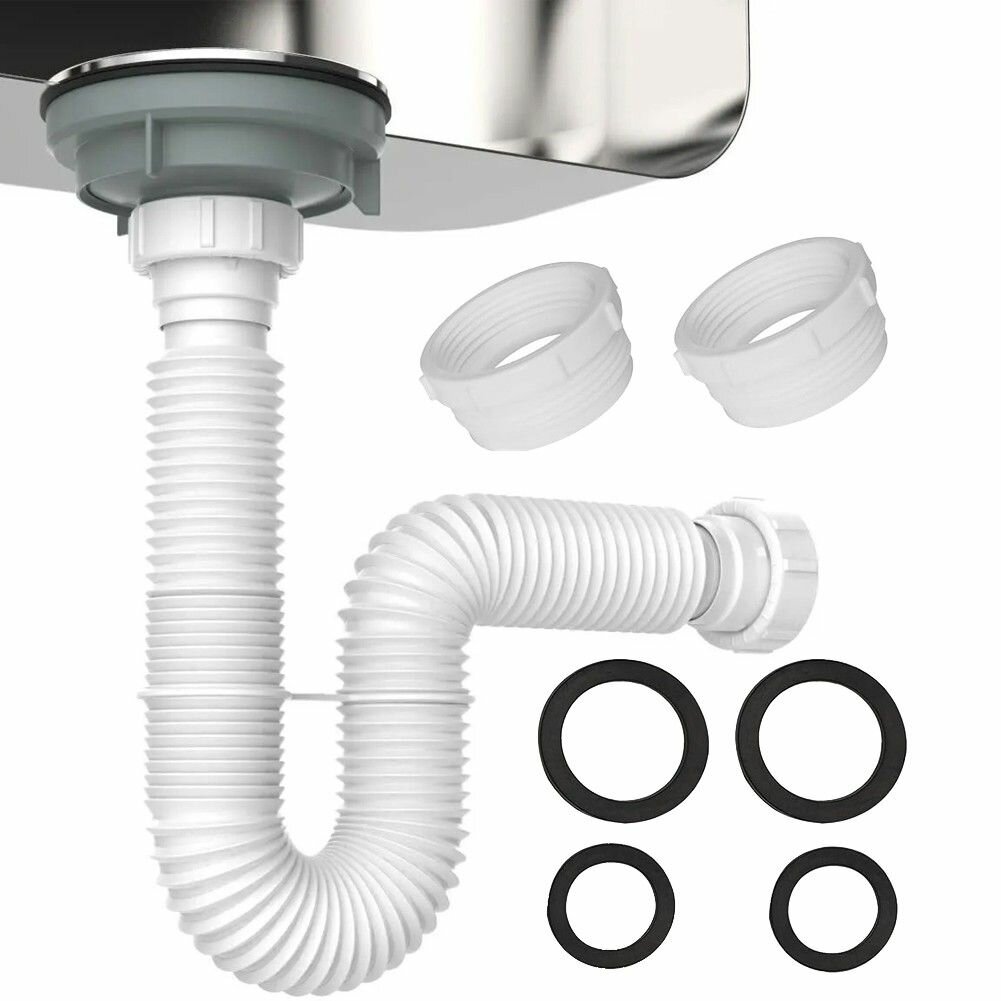Гибкая сливная труба для раковины 1-1/2" и 1-1/4" с P-образным сифоном для измельчителя мусора с адаптером