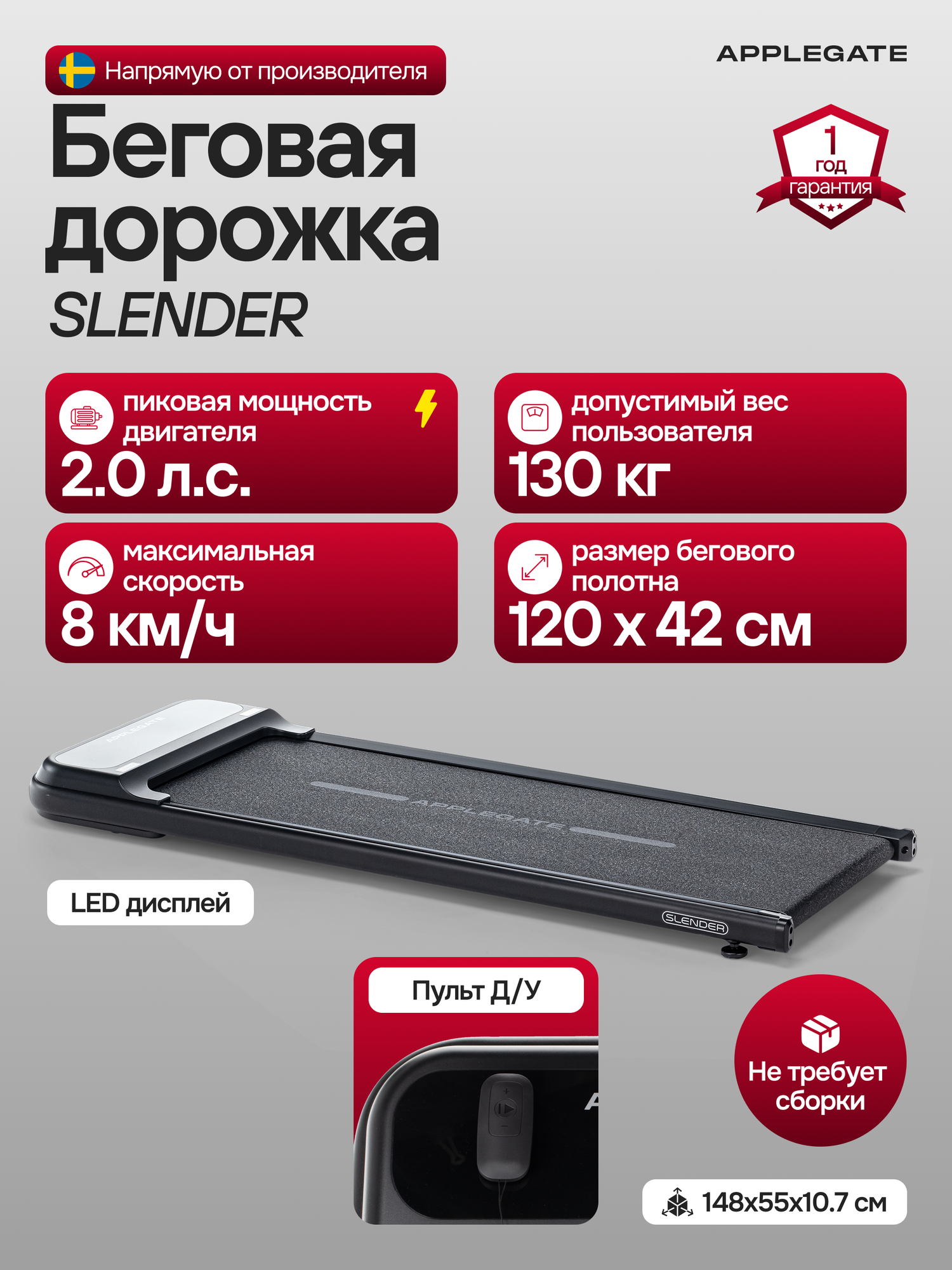 Беговая дорожка электрическая для дома APPLEGATE SLENDER, дорожка для ходьбы