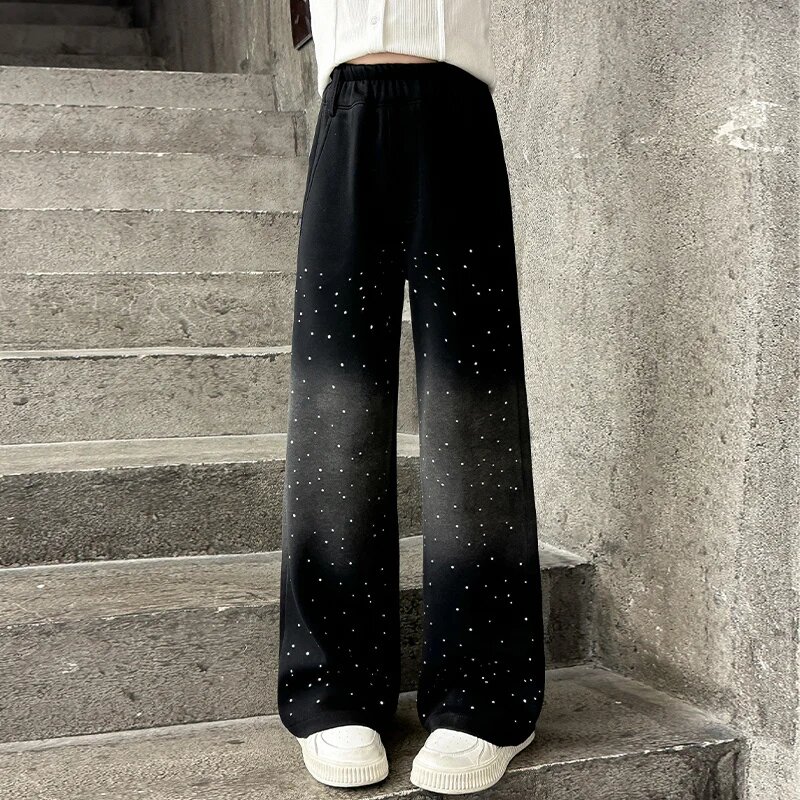 LI Mall Розовые высокоходные джинсы с кристаллами модные блестящие брюки для подростков-девочек