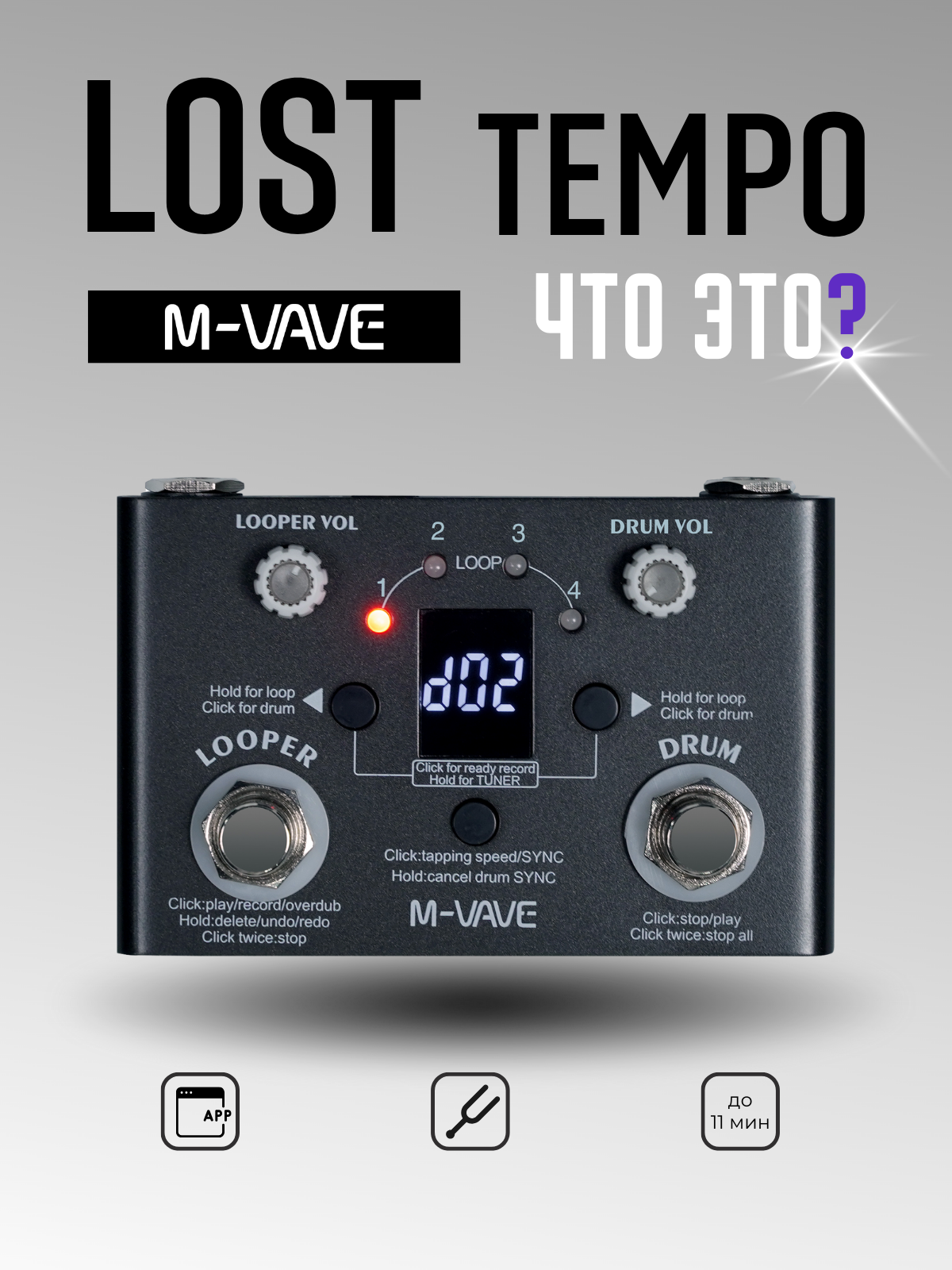 Педаль эффектов M-VAVE LOST TEMPO black, эффекты loop, drum, tuner