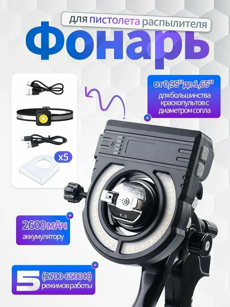 Комплект из фонарь для краскопульта универсальный, в комплект входит кабель передачи данных