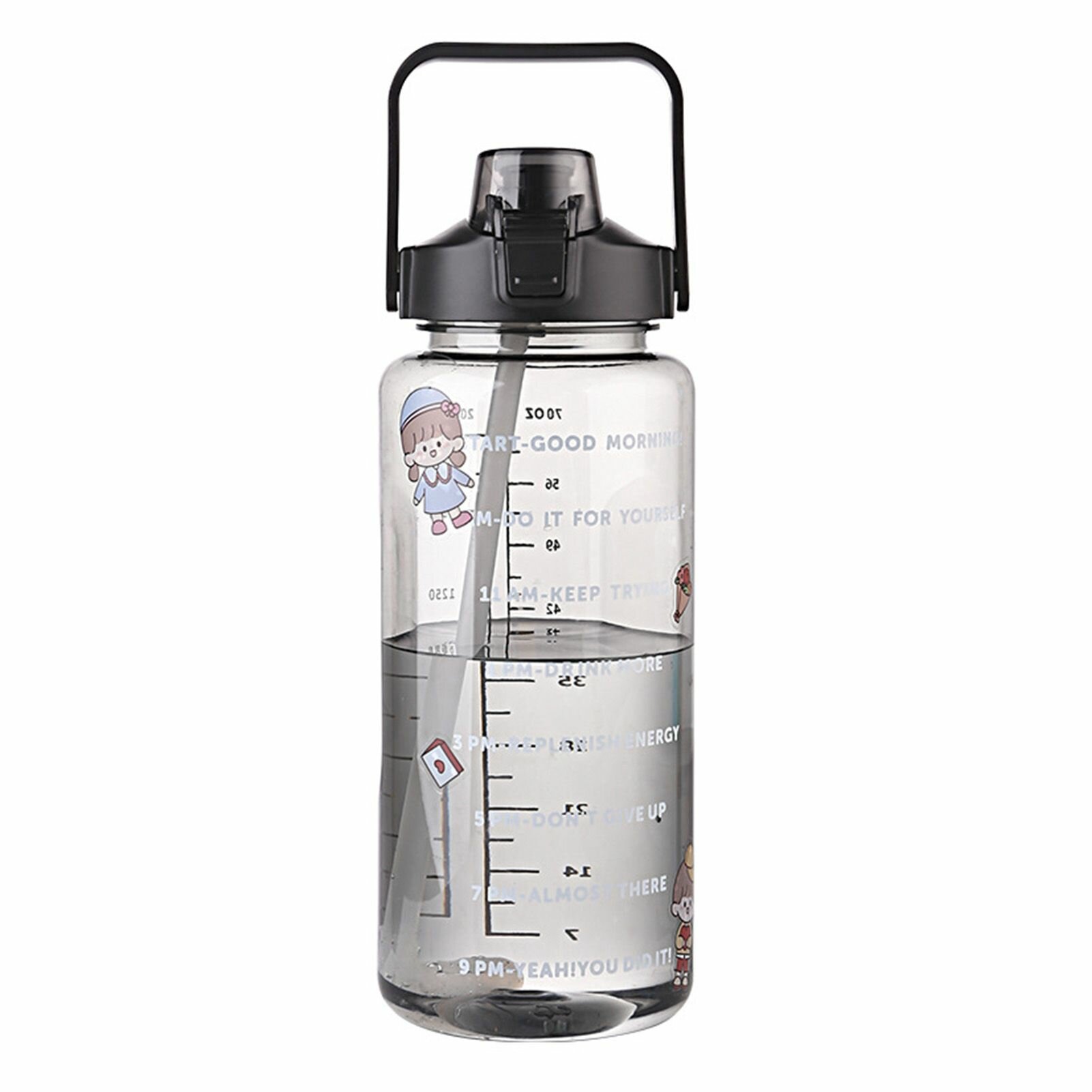Большая бутылка для воды 2000 мл, герметичная, устойчивая к высоким температурам, мотивационная бутылка для воды с соломинкой и маркером времени, черная