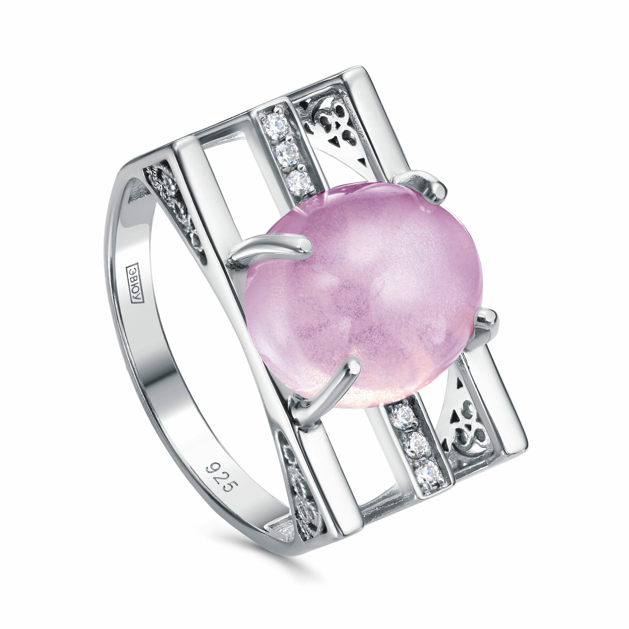 Кольцо, серебро, 925 проба, кунцит, фианит