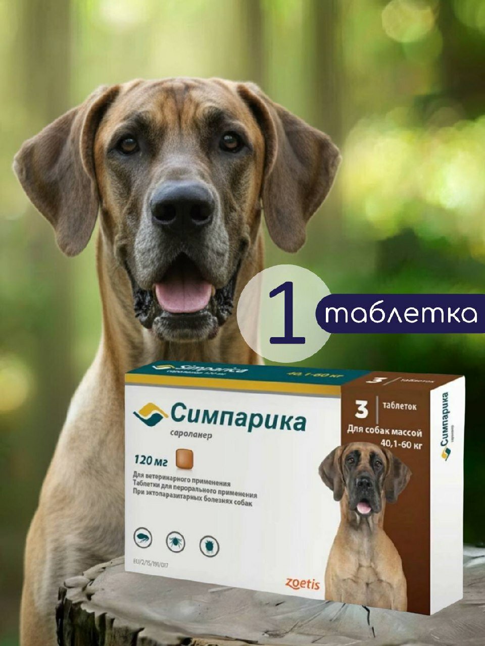 Симпарика 40-60 кг для собак 1 таблетка 120 мг срок годности 12.26