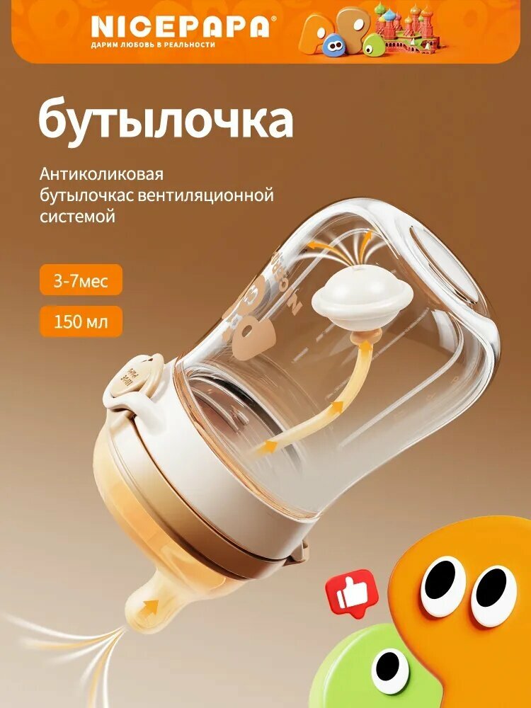 Антиколиковая бутылка для новорожденных 150ml бутылка для кормления стекло (3-7мec)