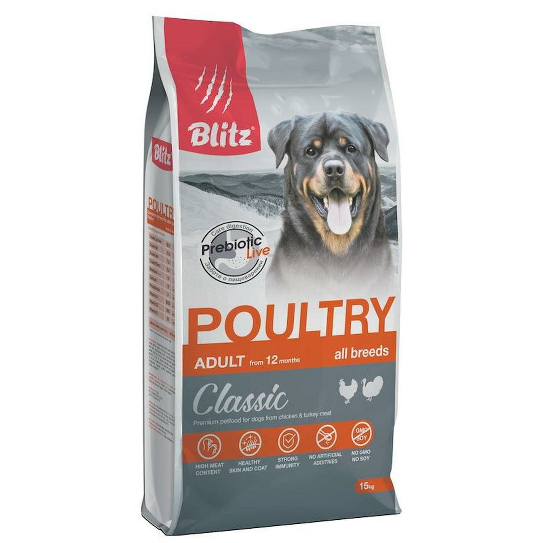 Blitz Classic Adult Dog полнорационный сухой корм для собак, с домашней птицей 15 кг