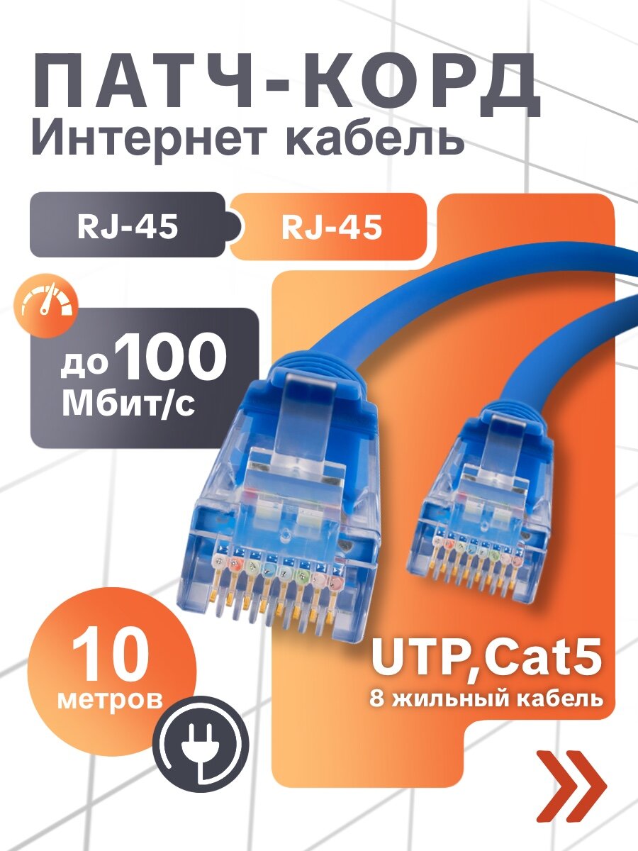 Интернет кабель LAN 10 метров RJ45 для компьютера, роутера, приставок и Smart TV с высокой скоростью передачи