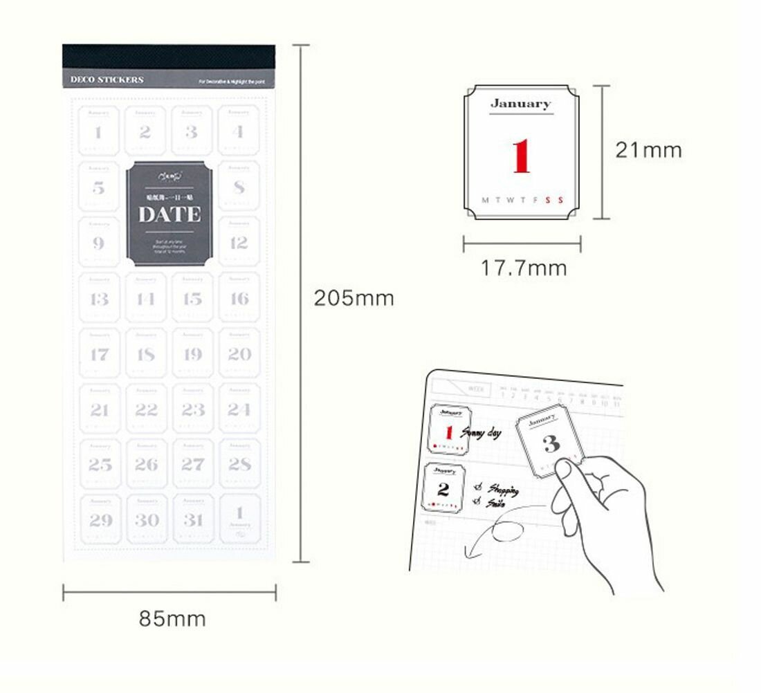 365 дней, бумажные наклейки с датами для планера и ежедневника, 12 листов 384 шт, набор наклеек с цифрами и датой для календаря и журнального планирования
