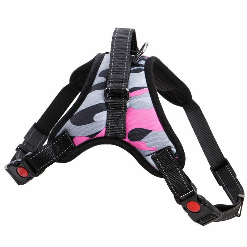 Safety no pull adjustable harness leash with easy buckle system and comfortable fitted design dog pink camouflage large