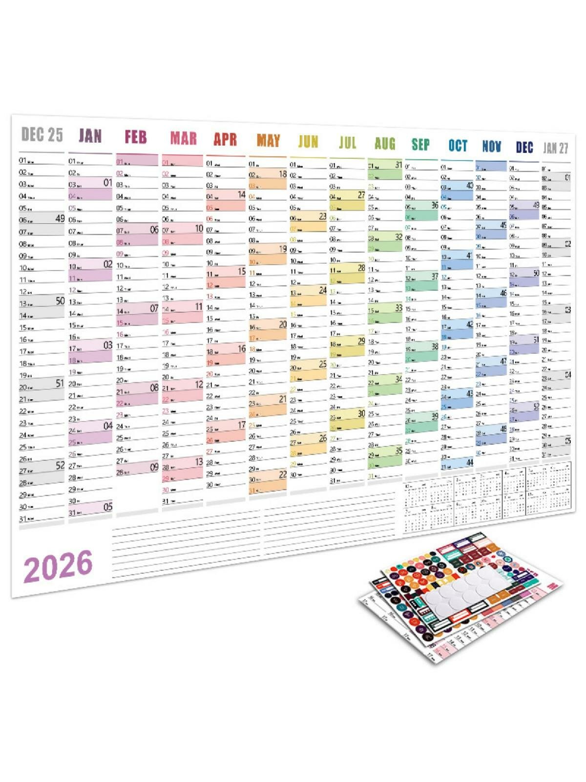 Годовой календарь Rainbow Designs на 2026 год для дома, офиса, школы, 10 многоразовых наклеек