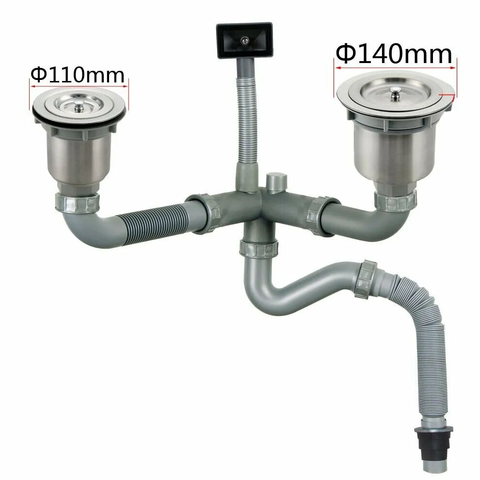 TALEA Диаметр чаши 140+110 мм, Сифон двойной кухонных моек из нержавеющей стали с двумя чашами / для раковины на кухню, с переливом Z8015C023