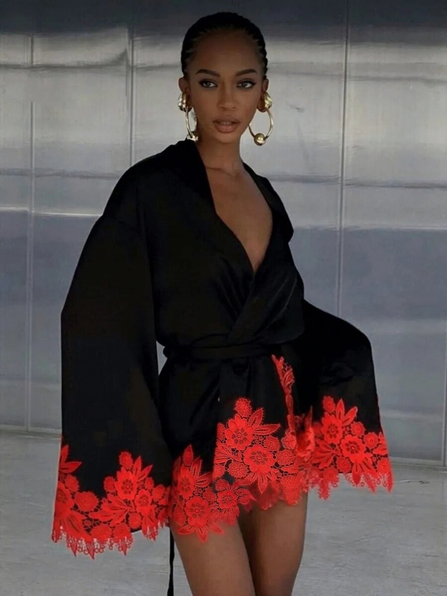 Халат CALLFIRE кимоно домашний шелковый с запахом и перьями