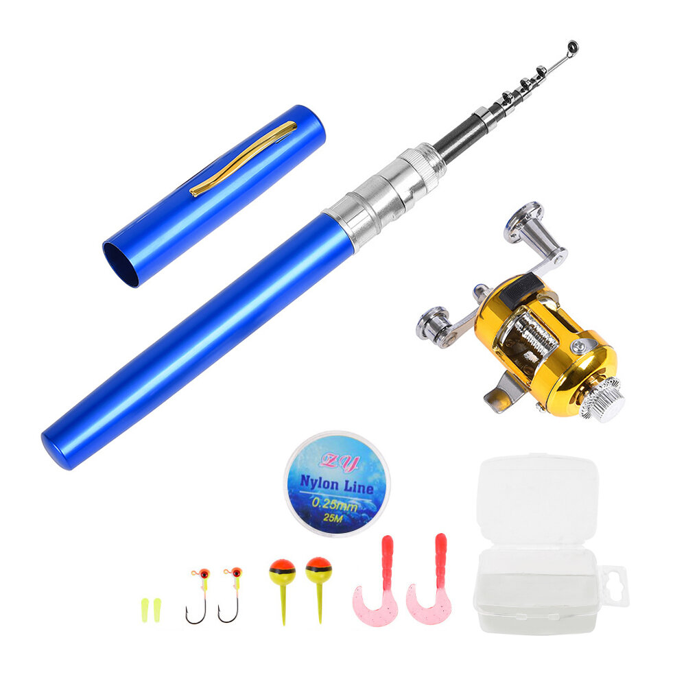 Комплект удилища и катушки для рыбалки Telescopic Pocket Pen Fishing Rod с мини- катушкой Trolling, леской, мягкими приманками, крючками Jig и рыбацкими аксессуарами, цвет: Фиолетовый/Синий/Черный/Золотой/Серебристый/Красный, удилище: материал