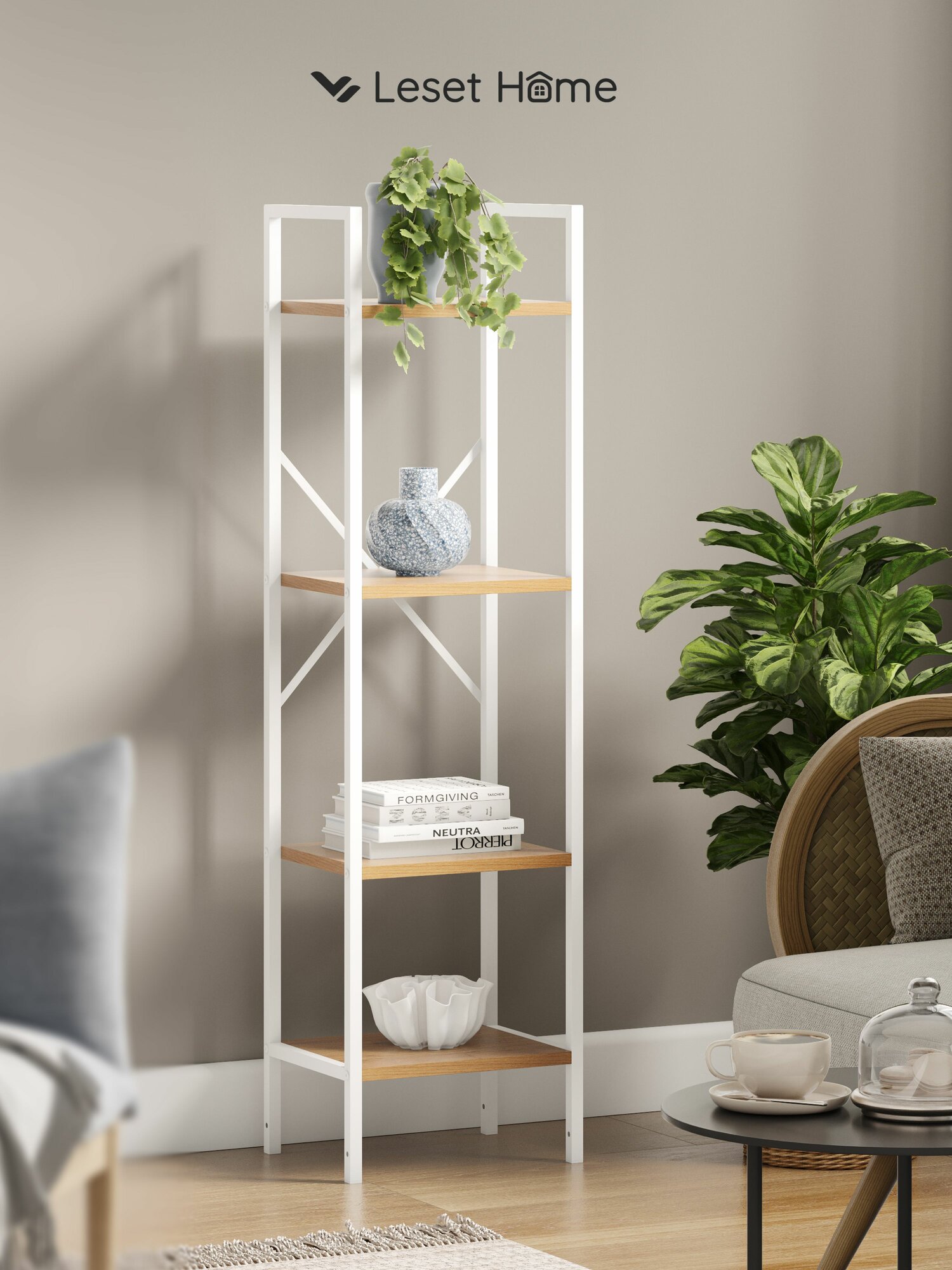 Стеллаж Leset "Стилвуд 14", универсальный, 4 полки, белый, ЛДСП дуб крафт золотой, 30х111х23,5 см