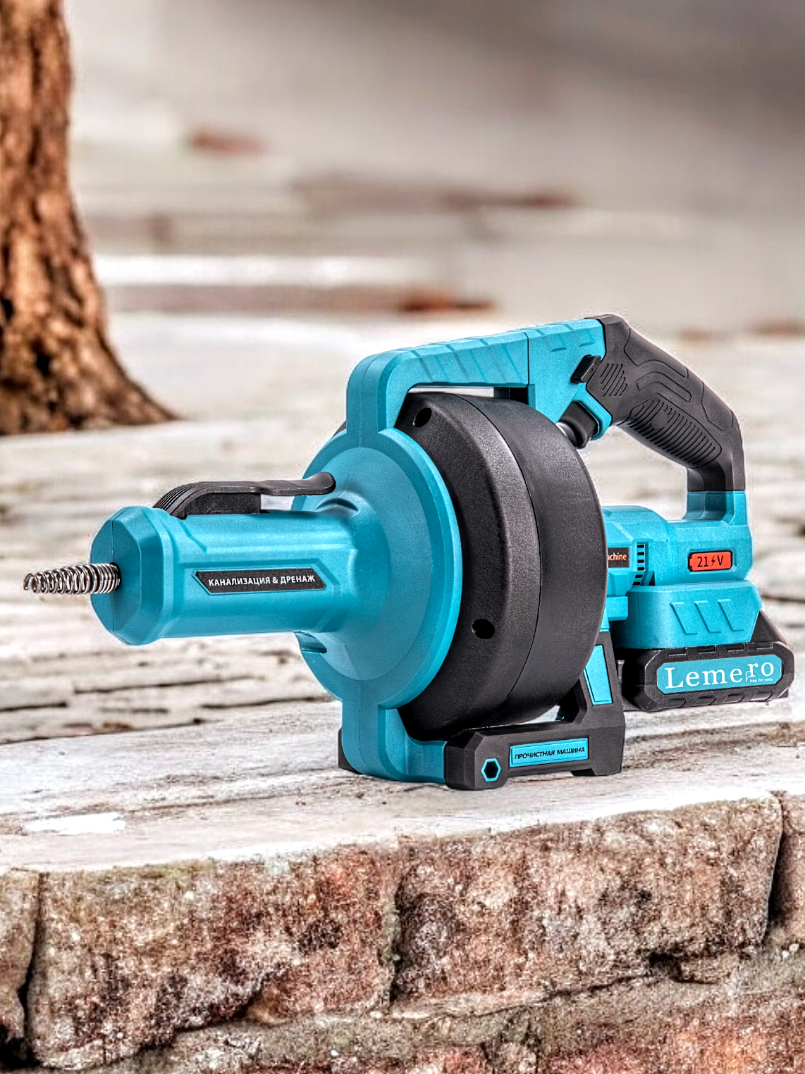 Прочистная машина аккумуляторная для чистки канализационных и дренажных труб Ø 19-50мм. Метал трос 7мм длинной 7.6м 2АКБ