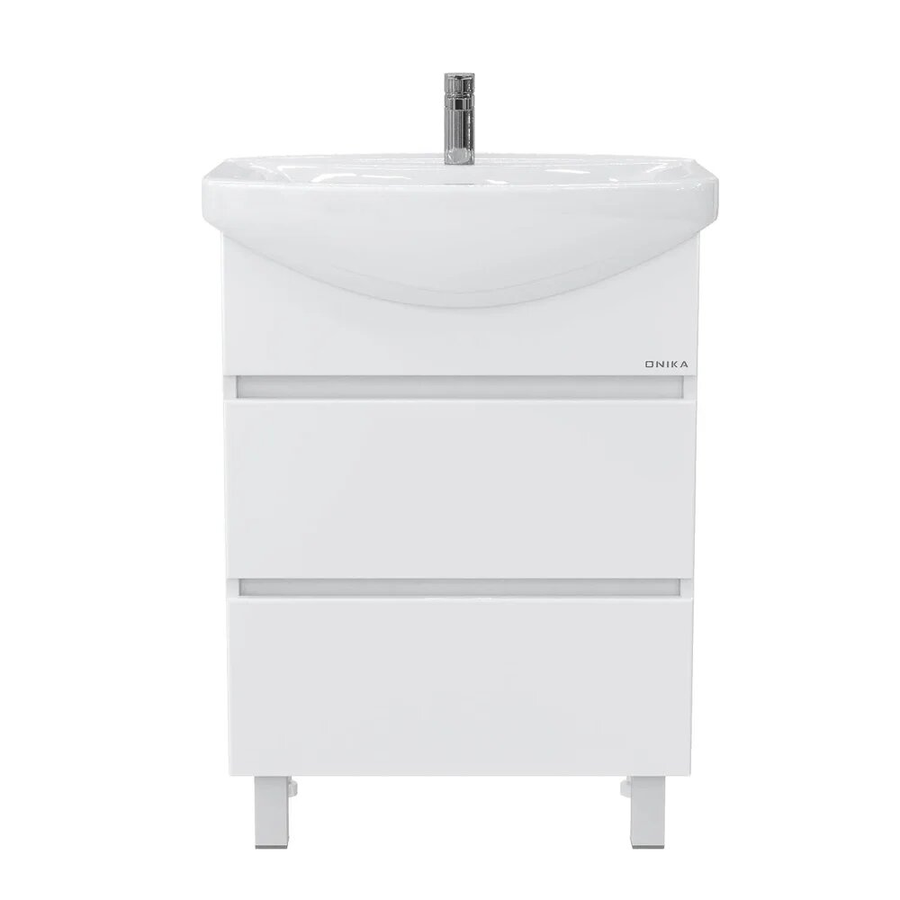 Тумба с раковиной Onika Элита 60 напольная, 61, 5 см, белая, глянцевая, из МДФ, с ящиками, раковина для ванной фарфоровая, полукруглая, встроенный слив-перелив