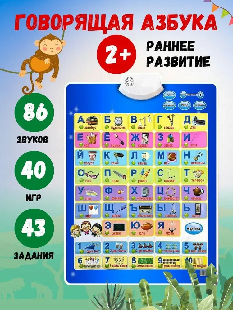 Азбука для малышей интерактивная / Алфавит плакат говорящий для детей / Развивающая игрушка от 1 года для изучения русских букв и цифр