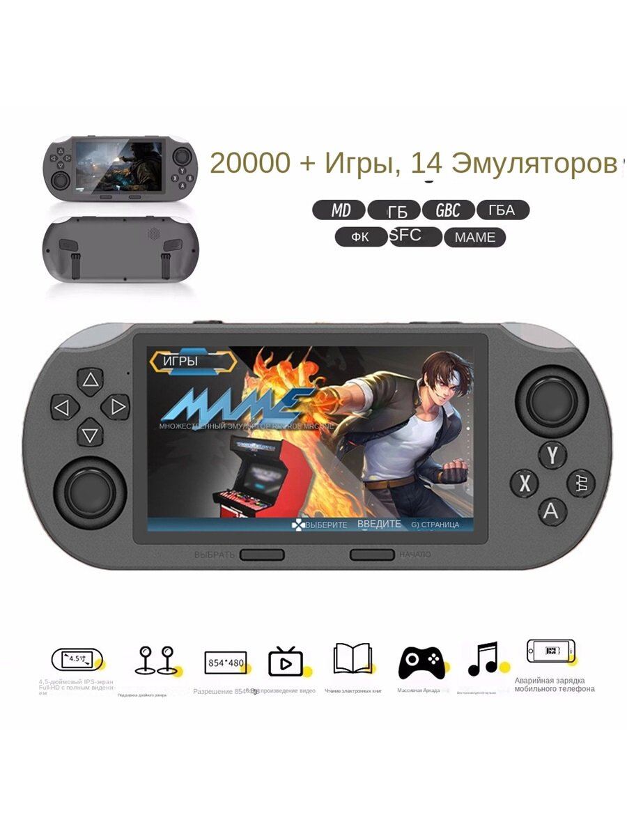 Портативная игровая консоль с большим экраном диагональю 4,5 дюйма, поддержкой электронных книг, функцией воспроизведения музыки в формате MP4, встроенными 20000 играми