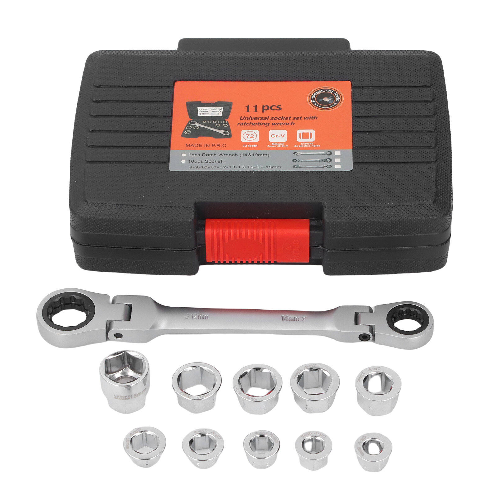 Набор торцевых ключей с трещоткой, многофункциональный, с двойной гибкой головкой, 72 зубца, 14-19 мм.