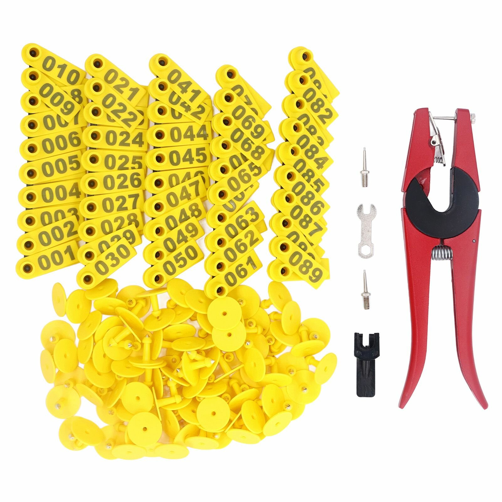 100 комплектов бирок для скота: желтые бирки, красные щипцы + 2 иглы (КРС, лошади, свиньи, овцы)