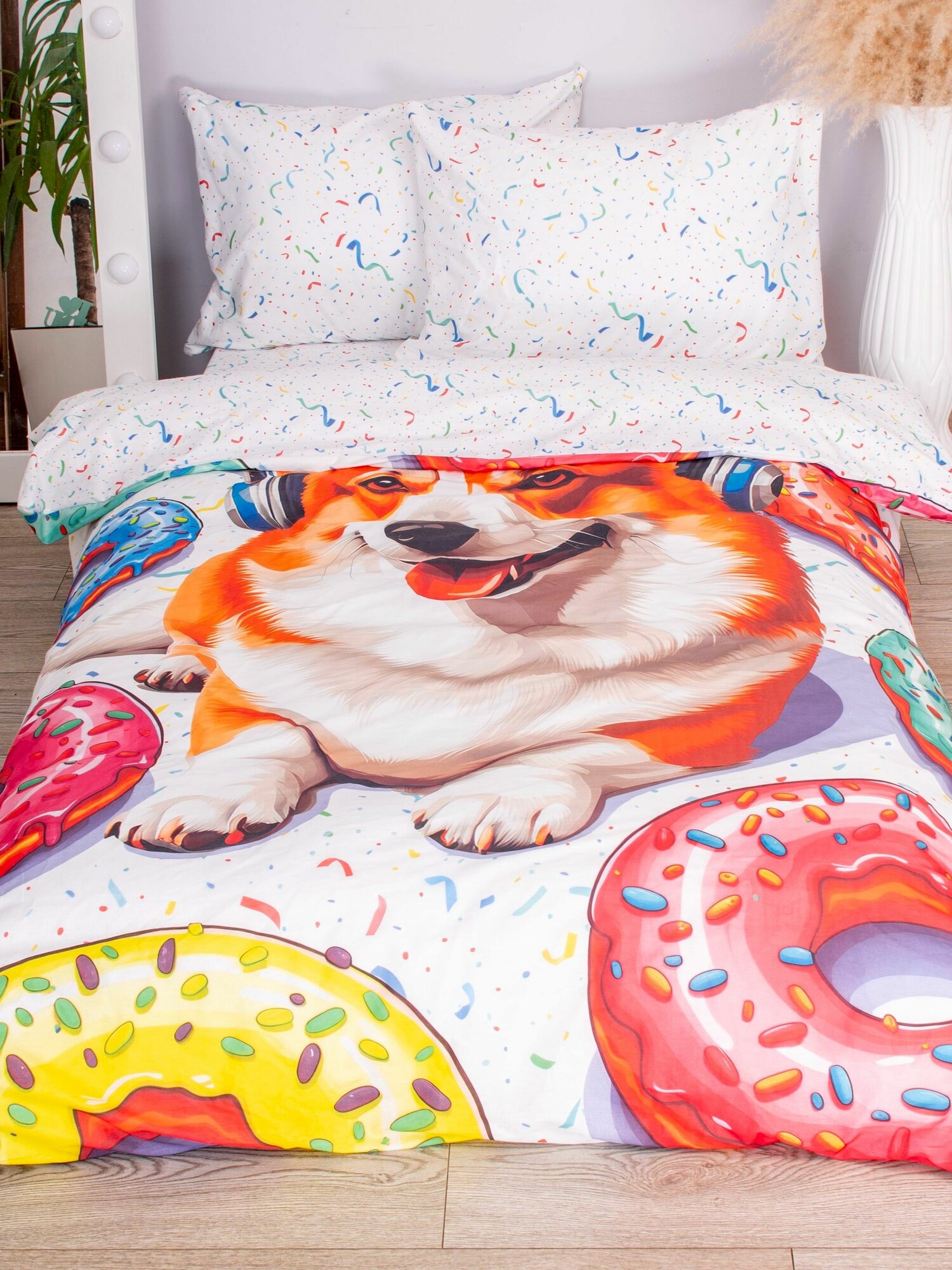 Комплект постельного белья Аlice Textile (купонный) - "Пончик Корги": Люкс, нав. 50х70, (поплин, 100% хлопок)
