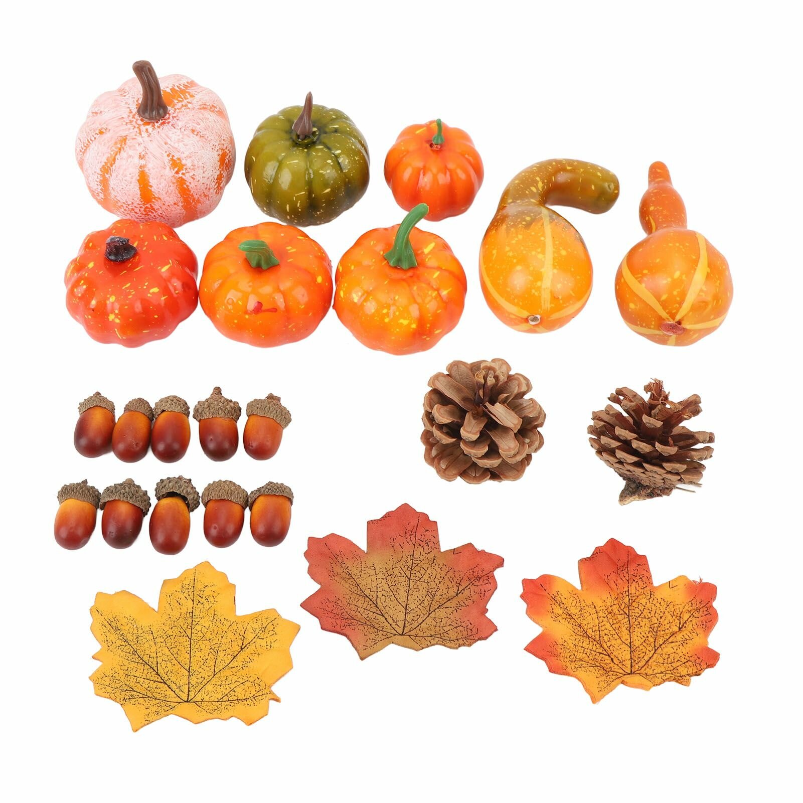 Набор из 50 осенних тыквенных декораций: 30 кленовых листьев, 10 желудей, 2 сосновые шишки, 8 искусственных тыкв. Сезонные осенние украшения.