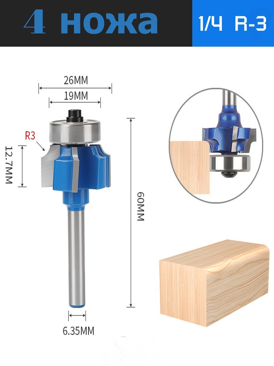 Фреза для кромочного фрезера четырёхлопастная R-3, хвостовик 1/4" 6.35мм