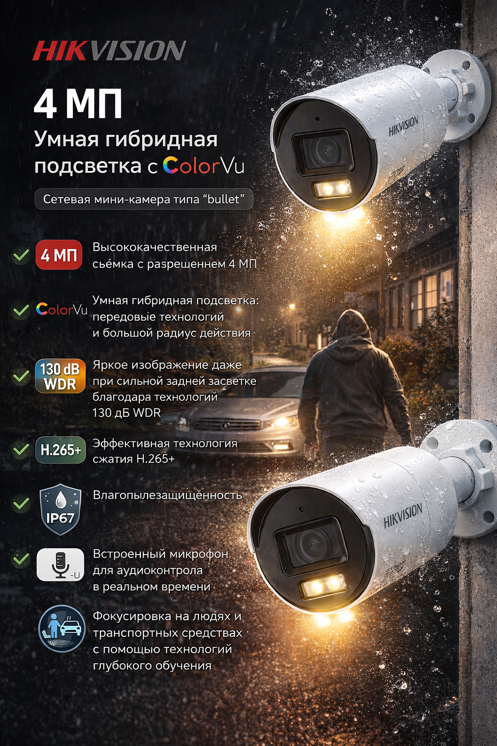 IP-камера Hikvision DS-2CD2047G2H-LIU, 4Мп, ИК-подсветка, LED, 2.8мм