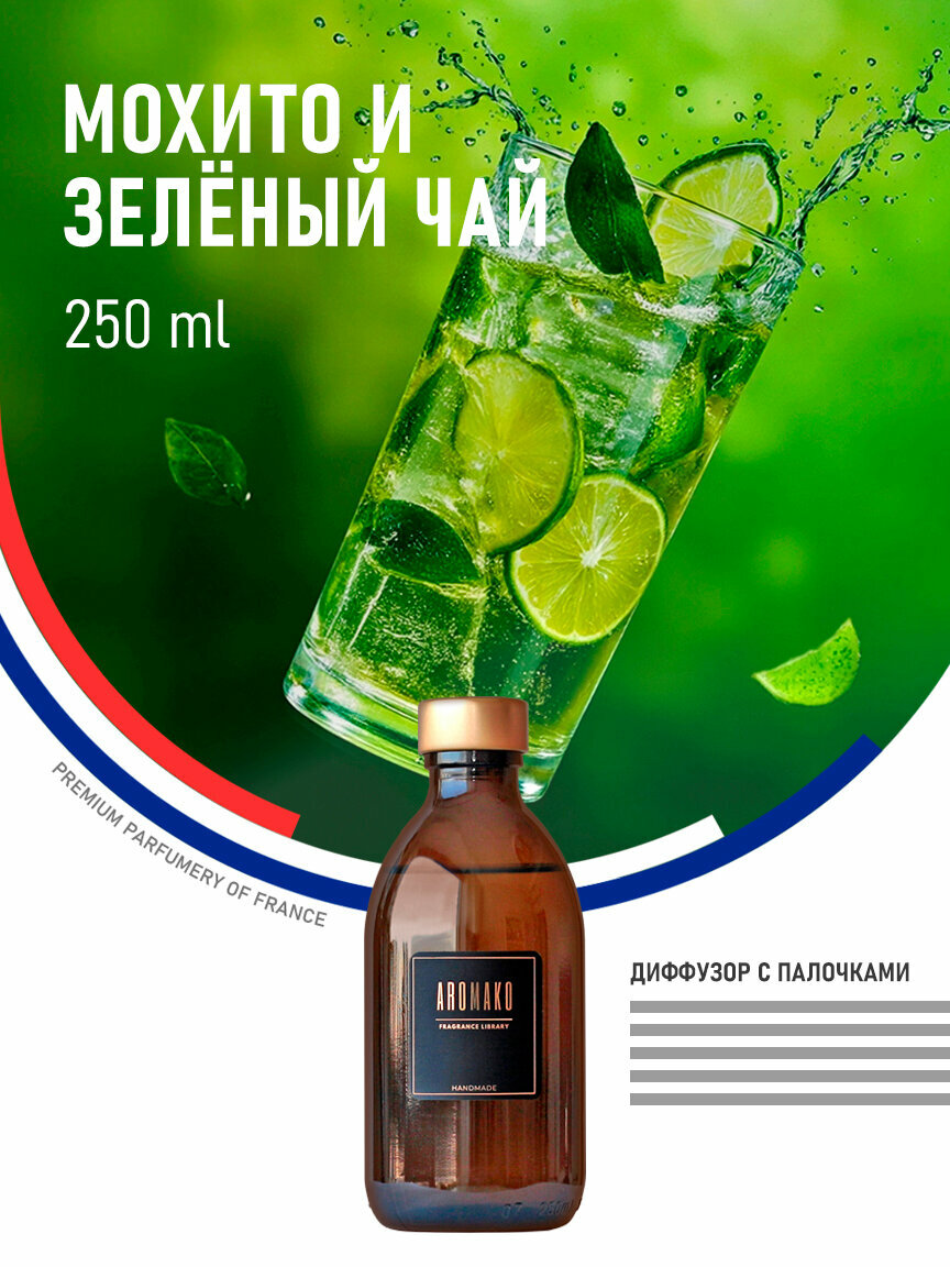 Ароматический диффузор с палочками Мохито и зеленый чай 250 мл AROMAKO, ароматизатор для дома и офиса, парфюм для дома