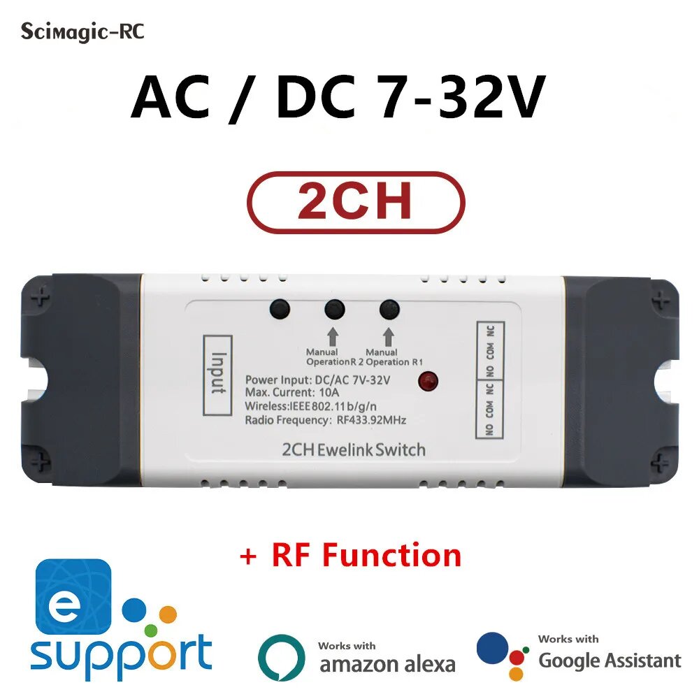 EWelink 2CH Wi-Fi переключатель AC DC 7-32V RF