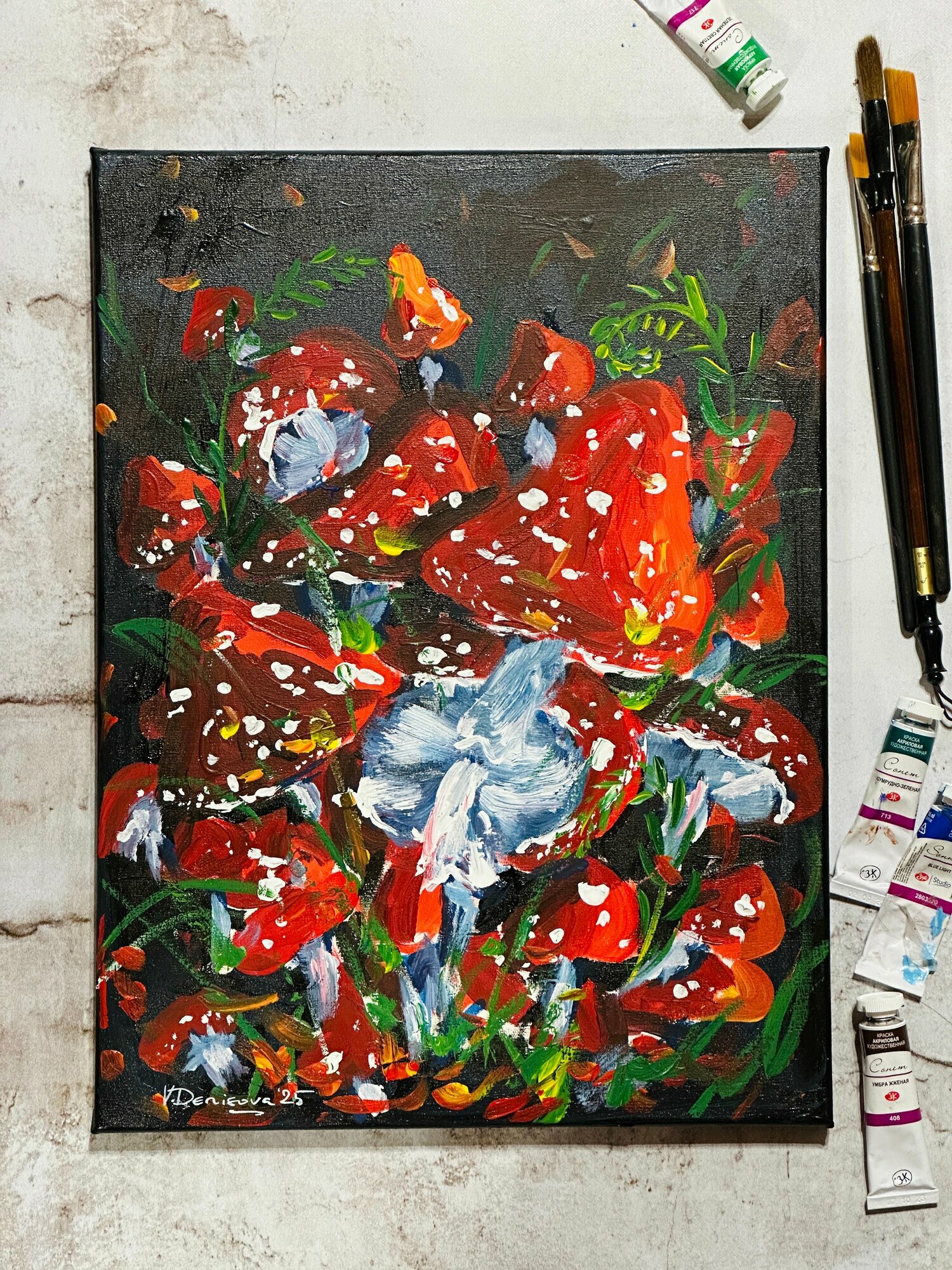 "Мухоморы" - картина авторская интерьерная на холсте 30х40 ручной работы