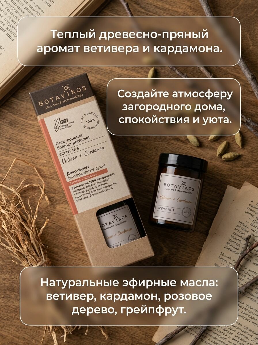 Деко-букет (интерьерные духи) Ветивер + Кардамон с нотами розового дерева и цитрусовых, аромадиффузор 100 мл — фото 1