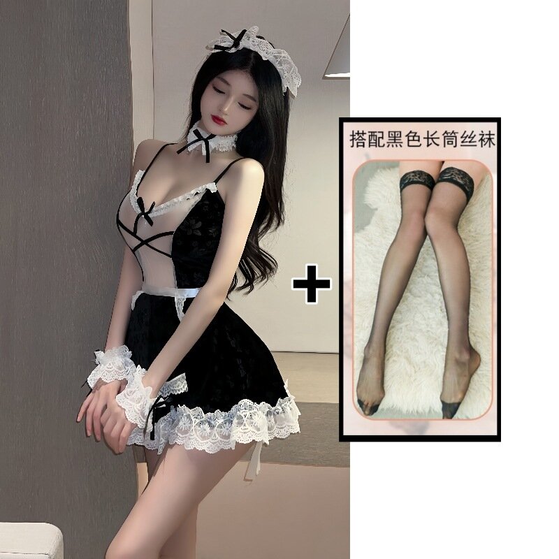 Сексуальный комплект нижнего белья, соблазнительный наряд для ролевых игр в стиле горничной, милый и очаровательный комплект из кружевной мини-юбки и черных чулок.