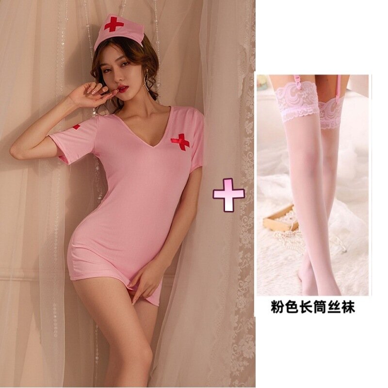 Сексуальное нижнее белье, прозрачная форма медсестры, соблазнительный и горячий комплект для ролевых игр с чулками. Розовый цвет + розовые чулки.