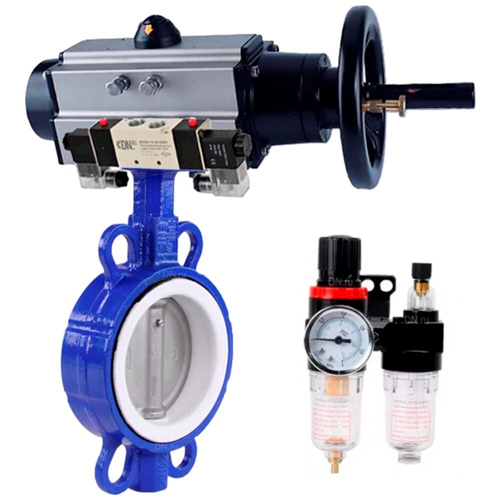 Затвор DN.ru WCB-316L-PTFE Ду65 Ру16, с пн. приводом DA-105-1, с пн. распред. PND1-T08, БПВ
