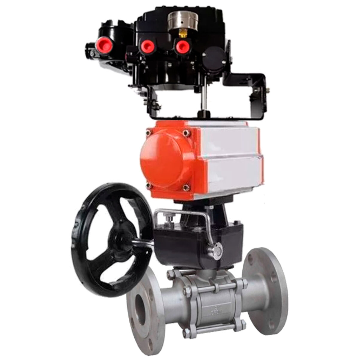 Кран шаровой DN.ru кшфпт 304.180 Ду65 Ру25 фланцевый, полнопроходной, трехсоставной, корпус - нержавеющая сталь 304, уплотнение - PTFE, с пневмоприводом DA-083, ручным дублером HDM-2 и поворотным позиционером EPRP1-NU-0-08 без обратной связи (опрессовано)