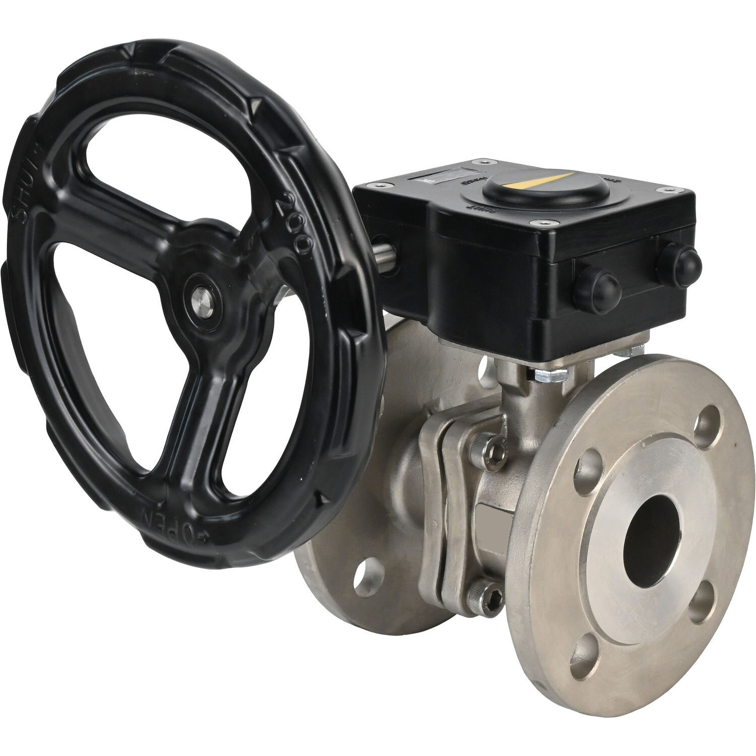 Кран шаровой DN.ru кшфп.316.200 Ду25 Ру40 полнопроходной двухходовой, нержавеющая сталь 316, фланцевый, уплотнение - PTFE, с ISO-фланцем и редуктором DN. ru HAM-1