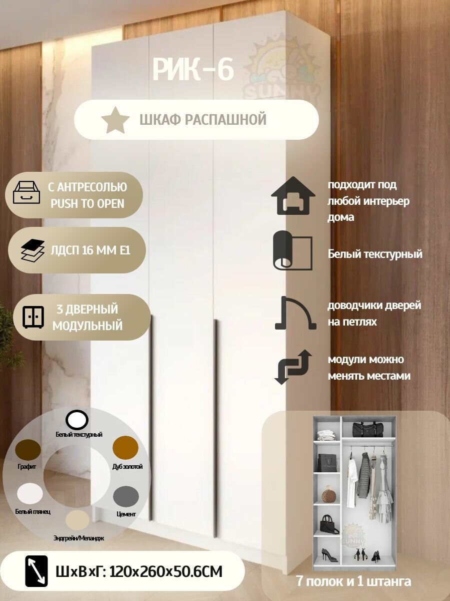 Шкаф распашной РИК 6, 3х дверный с антресолью, 260х120х50.6 см.(Белый текстурный)
