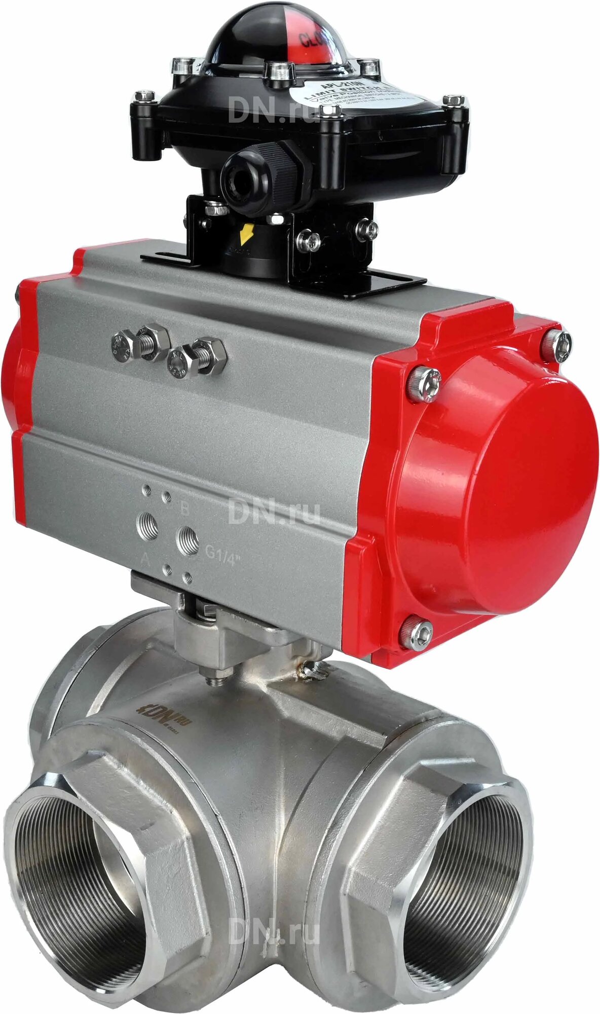 Кран шаровой DN.ru RP. SS316.200. MM.020-ISO Ду20 Ру63 стандартнопроходной трехходовой L-тип, нержавеющая сталь SS316, внутренняя резьба, уплотнение - PTFE, с пневмоприводом DA-052 и блоком концевых выключателей LSB-210-02NM12-220/24