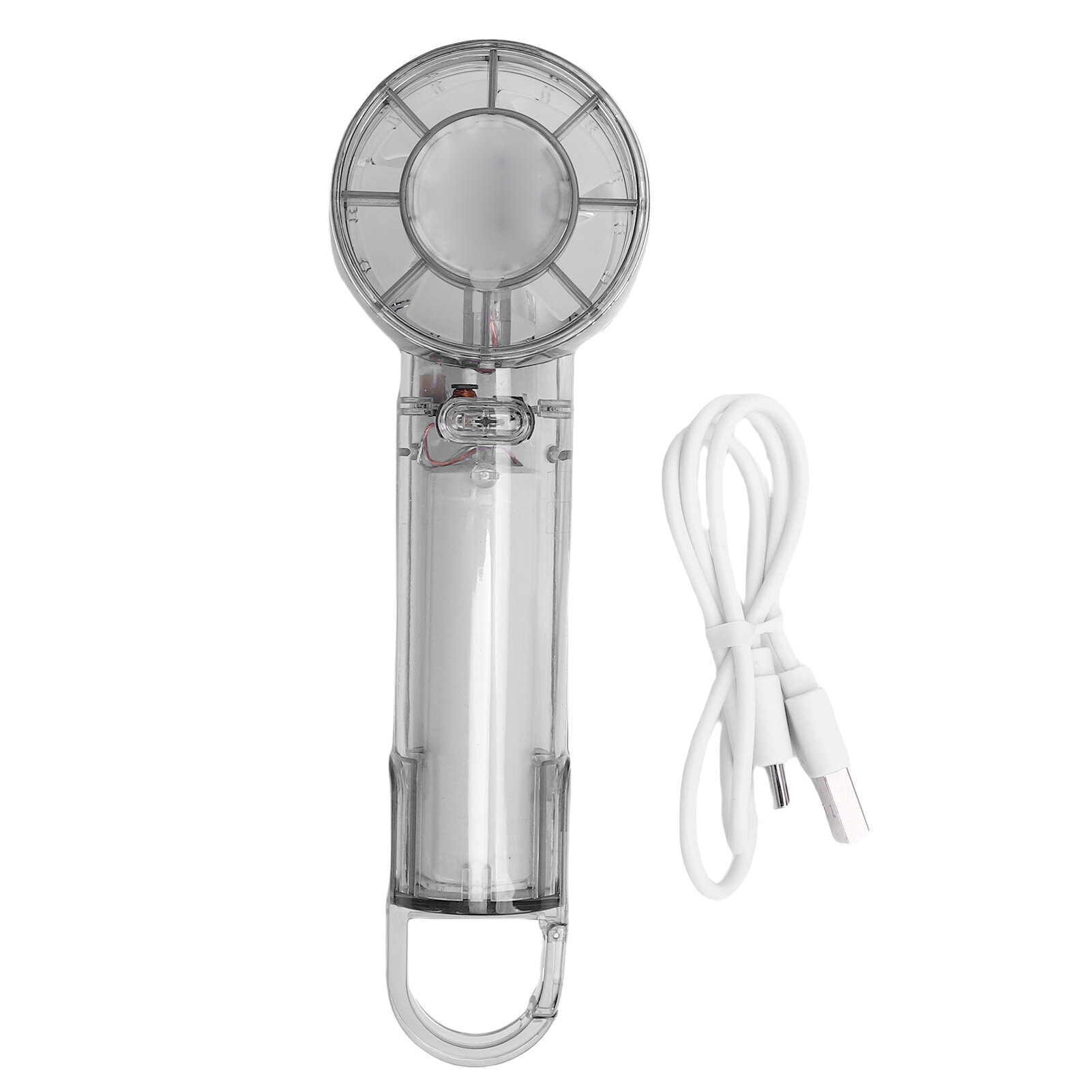 Прозрачный ручной вентилятор с 3 скоростями, низким уровнем шума, USB-зарядкой, настольный, с крючком для использования на открытом воздухе, черный.