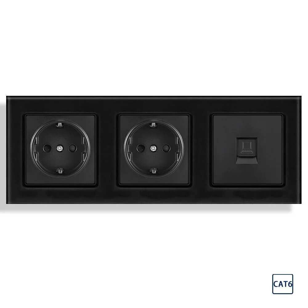 Розетка с заземлением 220В +розетка компьютерная rj45, 3 поста рамка закаленное стекло черный