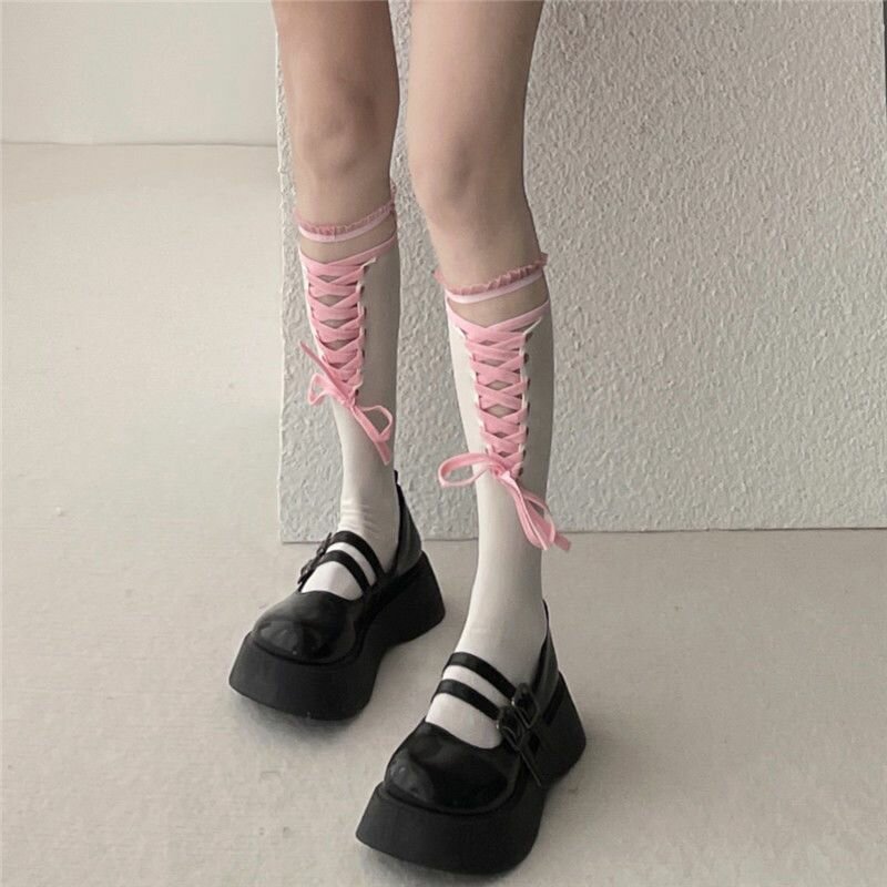 Кружевные носки с кольцом на ноге JK, милые и стильные носки для девочек, с перекрестными ремешками, универсальные носки до середины икры в студенческом стиле