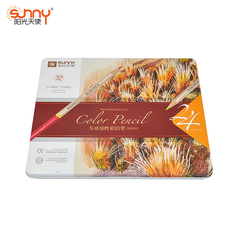 Карандаши масляные Sunshine Angel, 24 цвета, толстый грифель, натуральное дерево, для рисования и дудлинга, жестяная коробка, грифель HB