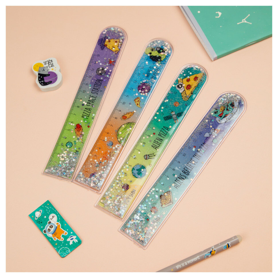 Линейка 15см MESHU "Alien pizza" ПВХ с блестками, ассорти, европодвес, 352894