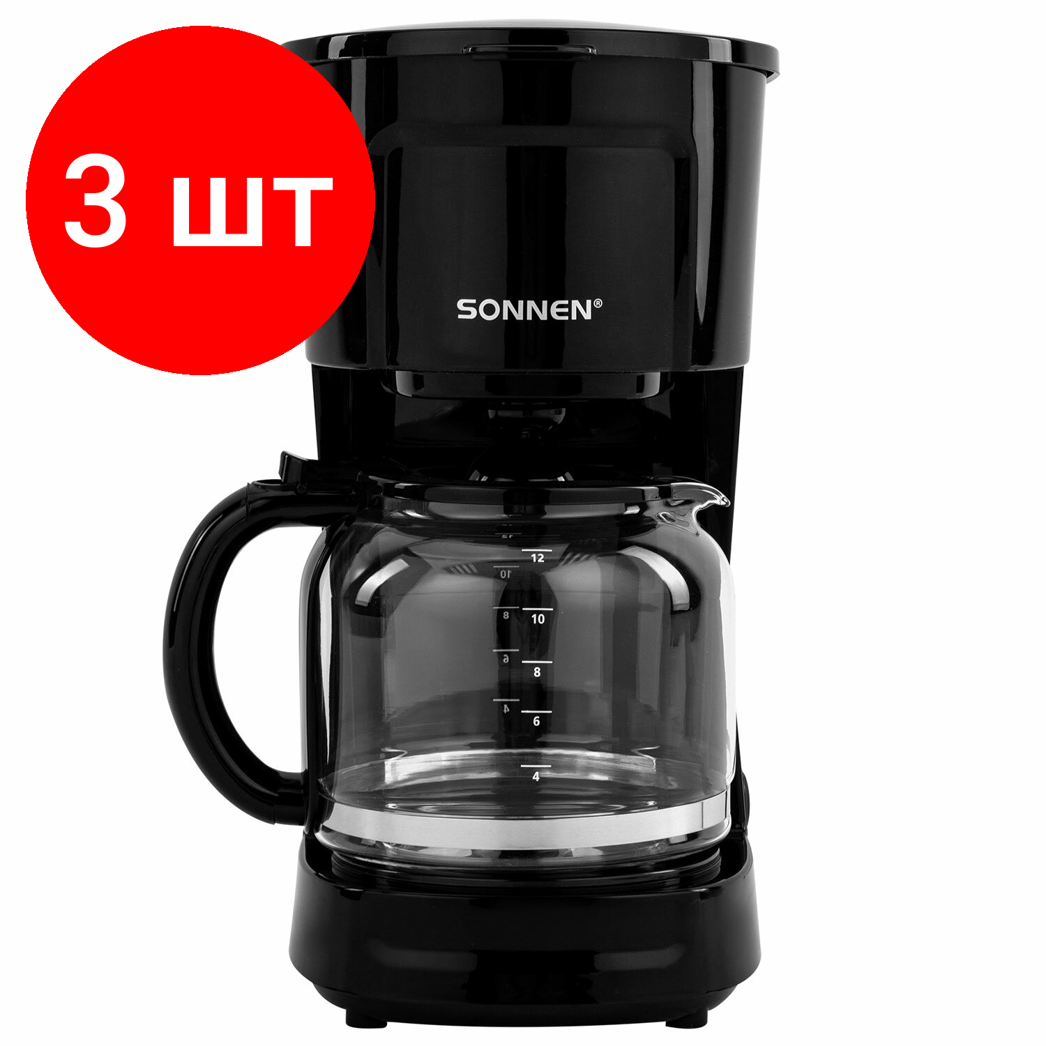 Комплект 3 шт, Кофеварка капельная SONNEN CM1095, 900 Вт, объем 1.8 л, подогрев кофе, противокапельная система, черная, 456334