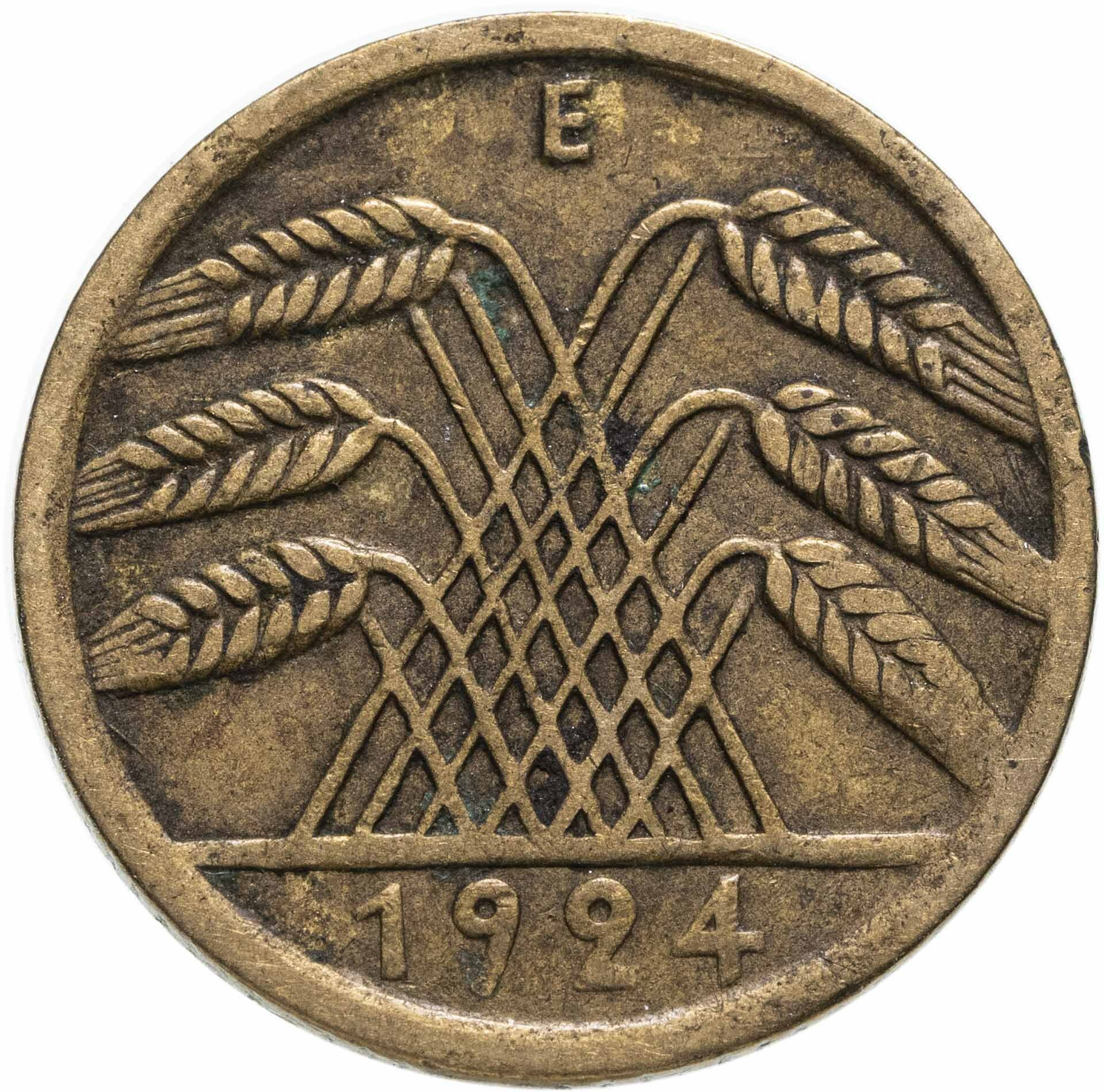 Германия 5 рентенпфеннигов 1924, знак монетного двора "E" — Мульденхюттен, Бронза, в сохранности VF-XF
