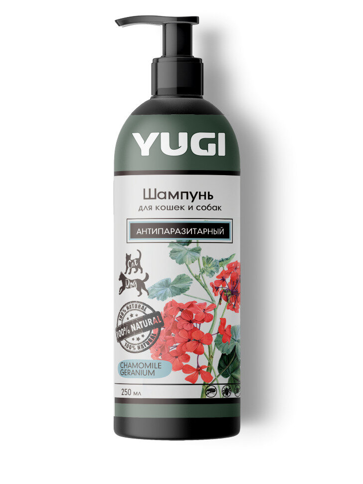 Шампунь для кошек и собак YUGI антипаразитарный, с эфирным маслом герани, 250мл