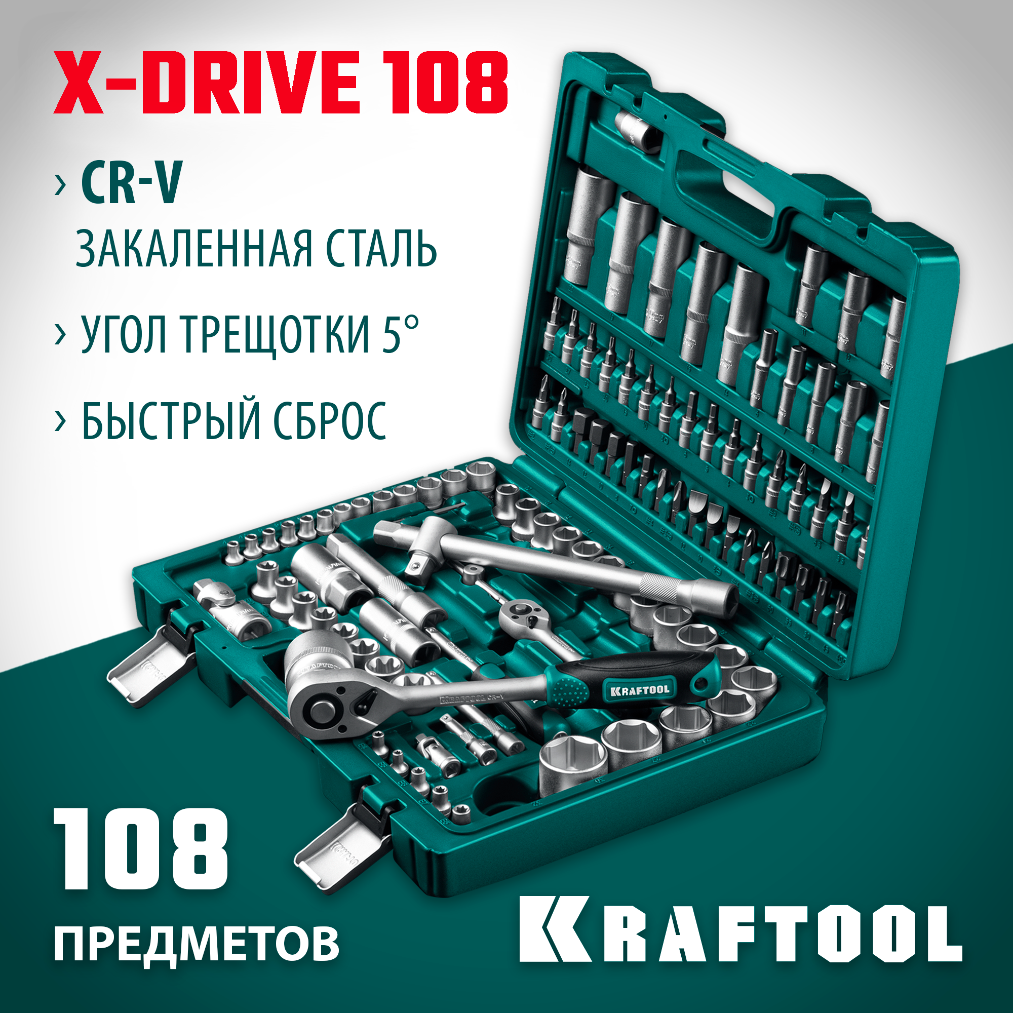 KRAFTOOL X-Drive 108, 108 предм, (1/2″+3/8″+1/4″), универсальный набор инструмента (27888-H108)